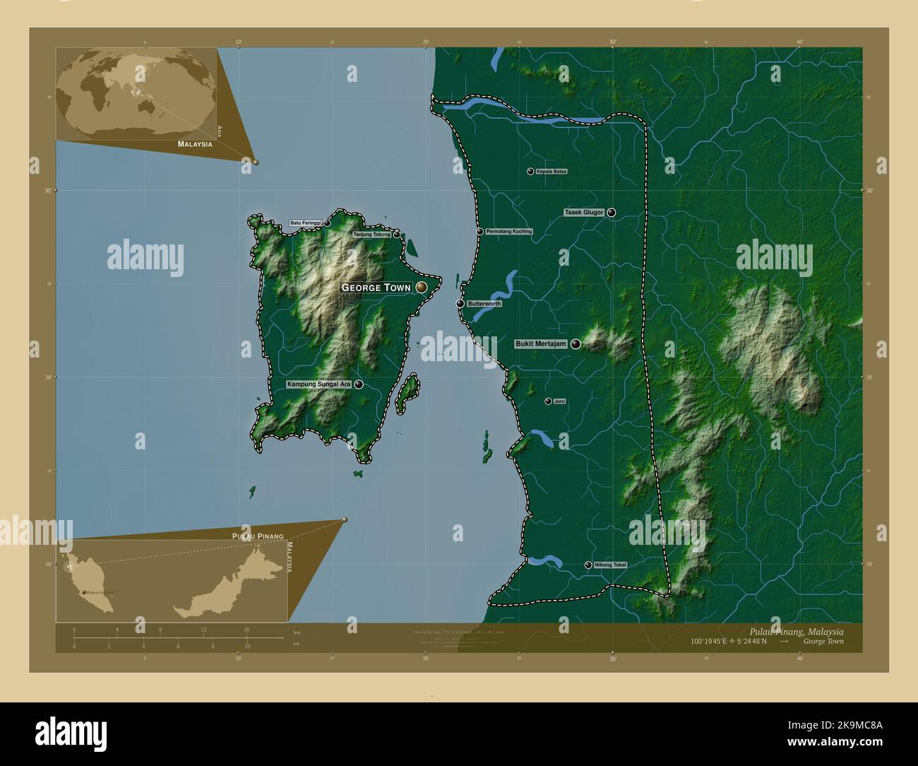 Pulau Pinang, state of Malaysia. Colored elevation map with lakes and ...