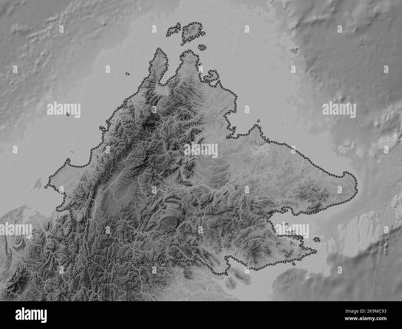 Sabah, state of Malaysia. Grayscale elevation map with lakes and rivers ...