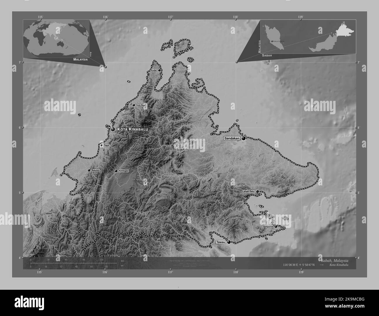 Sabah, state of Malaysia. Grayscale elevation map with lakes and rivers ...
