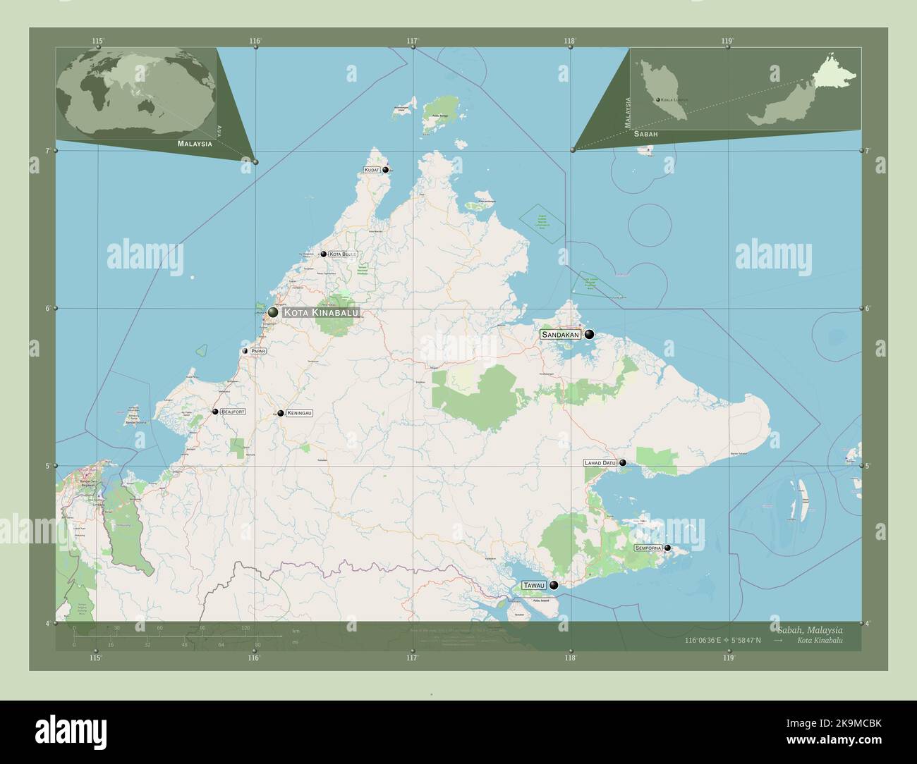 Sabah, state of Malaysia. Open Street Map. Locations and names of major ...
