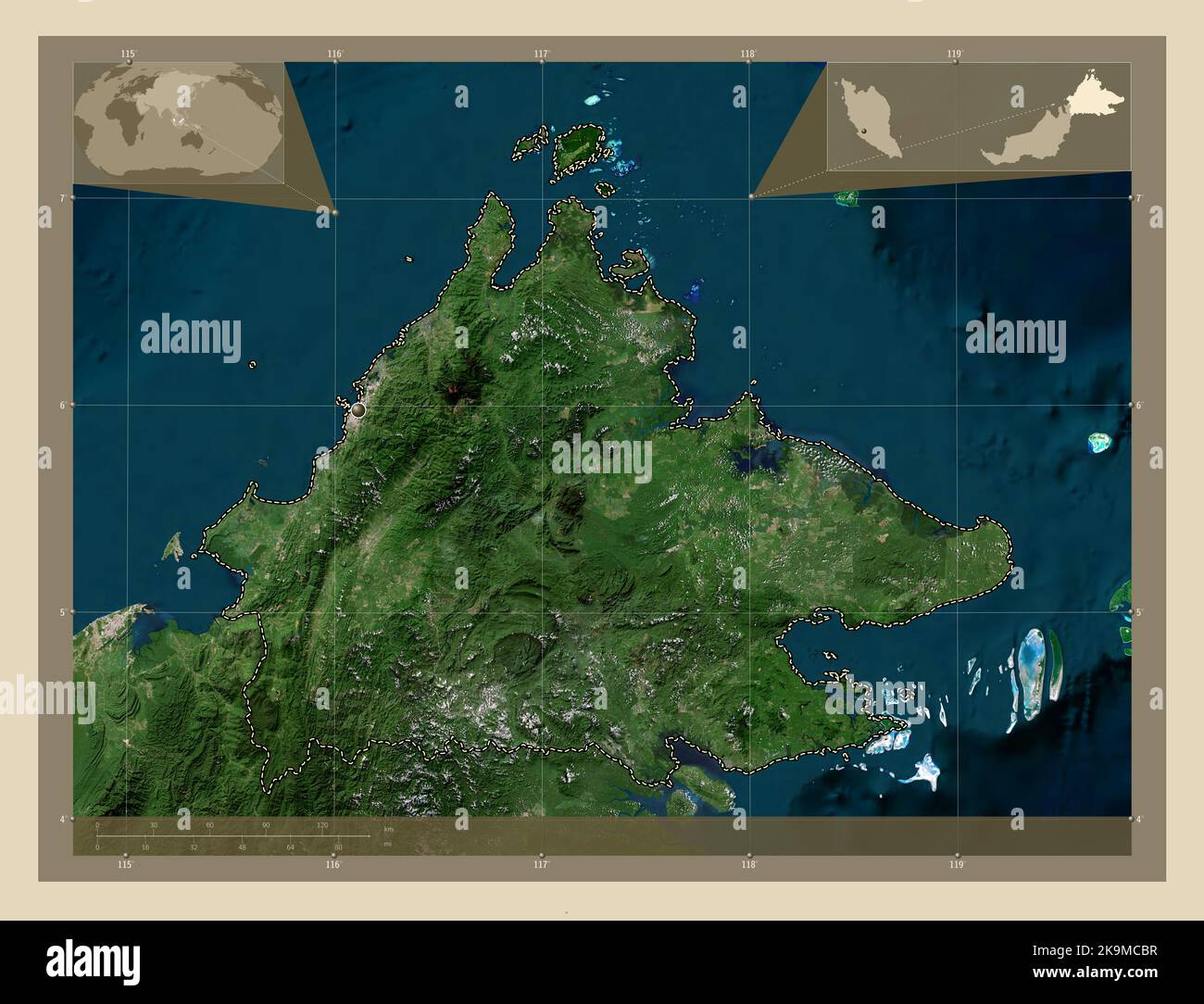 Sabah, state of Malaysia. High resolution satellite map. Corner ...