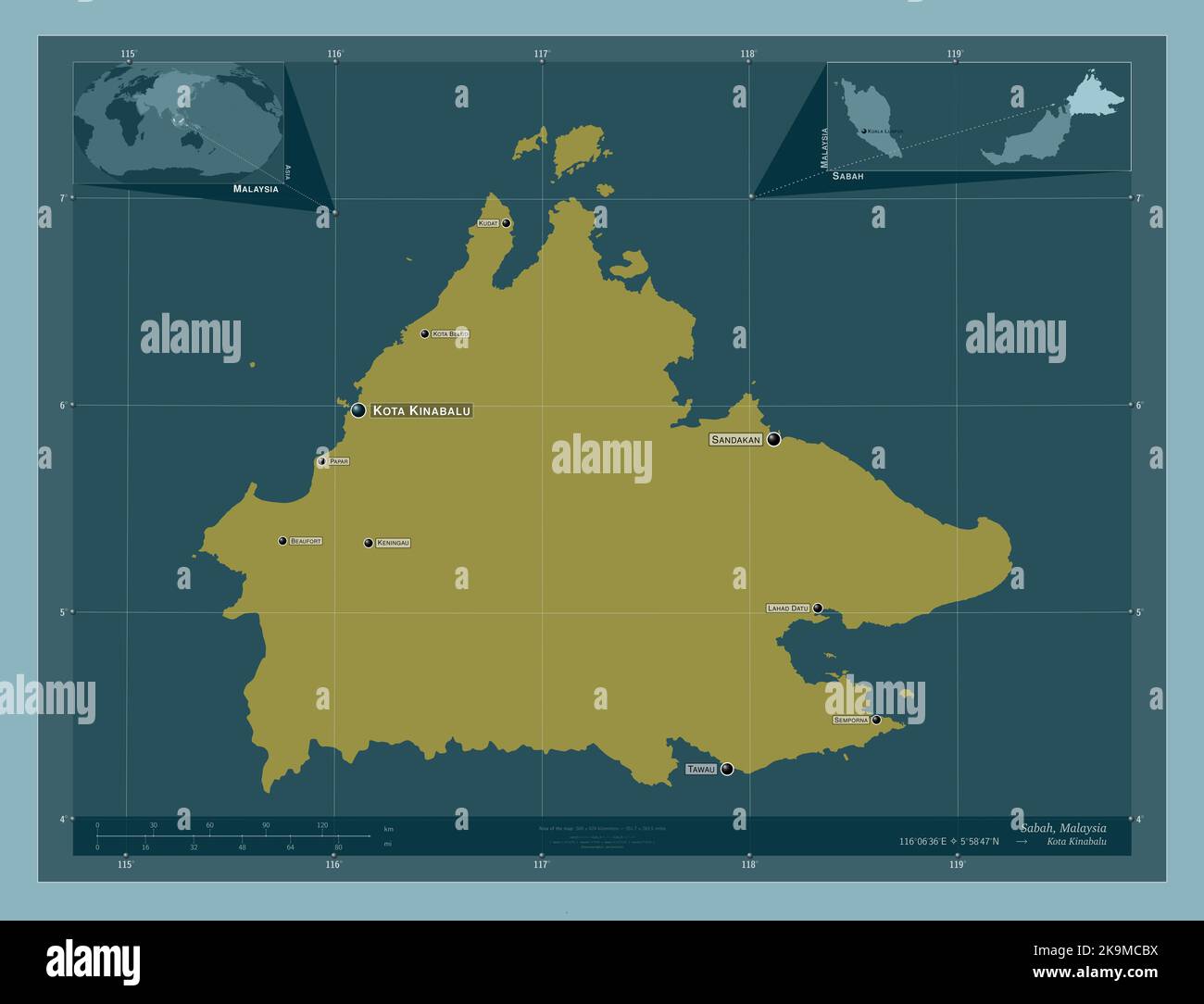 Sabah, state of Malaysia. Solid color shape. Locations and names of ...