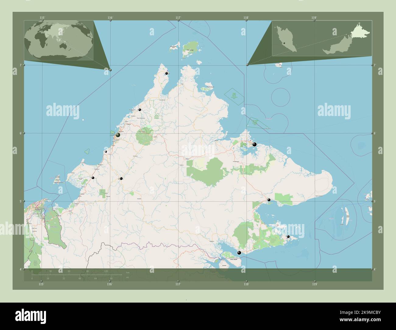 Sabah, state of Malaysia. Open Street Map. Locations of major cities of ...