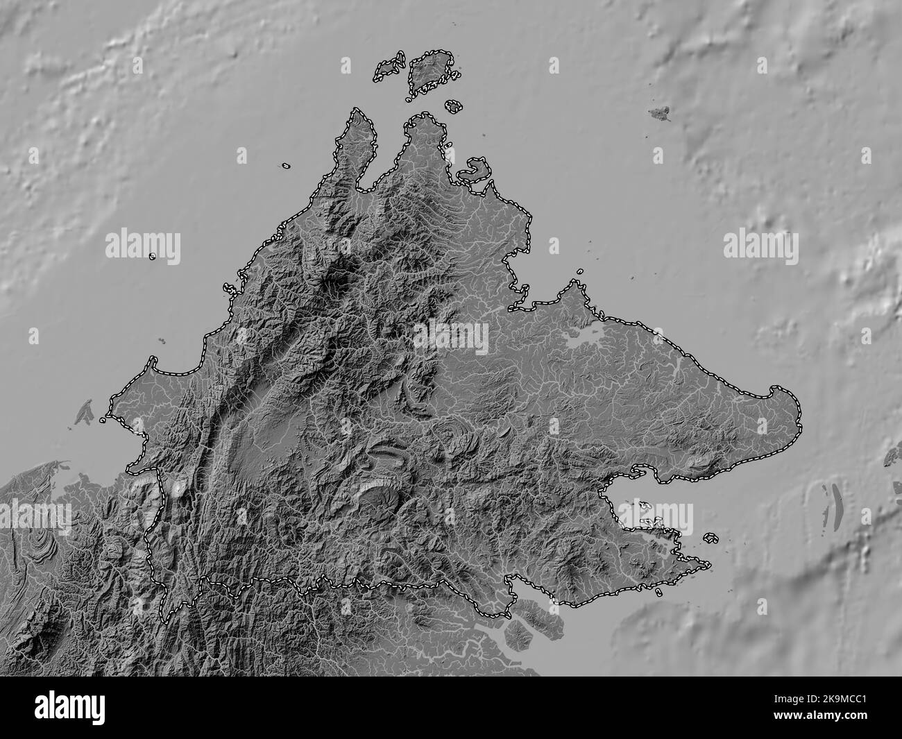 Sabah, state of Malaysia. Bilevel elevation map with lakes and rivers ...