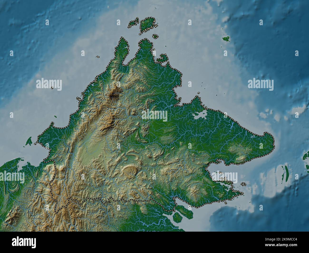 Sabah, state of Malaysia. Colored elevation map with lakes and rivers ...