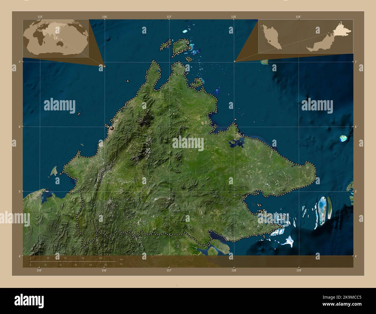 Sabah, state of Malaysia. Low resolution satellite map. Corner ...