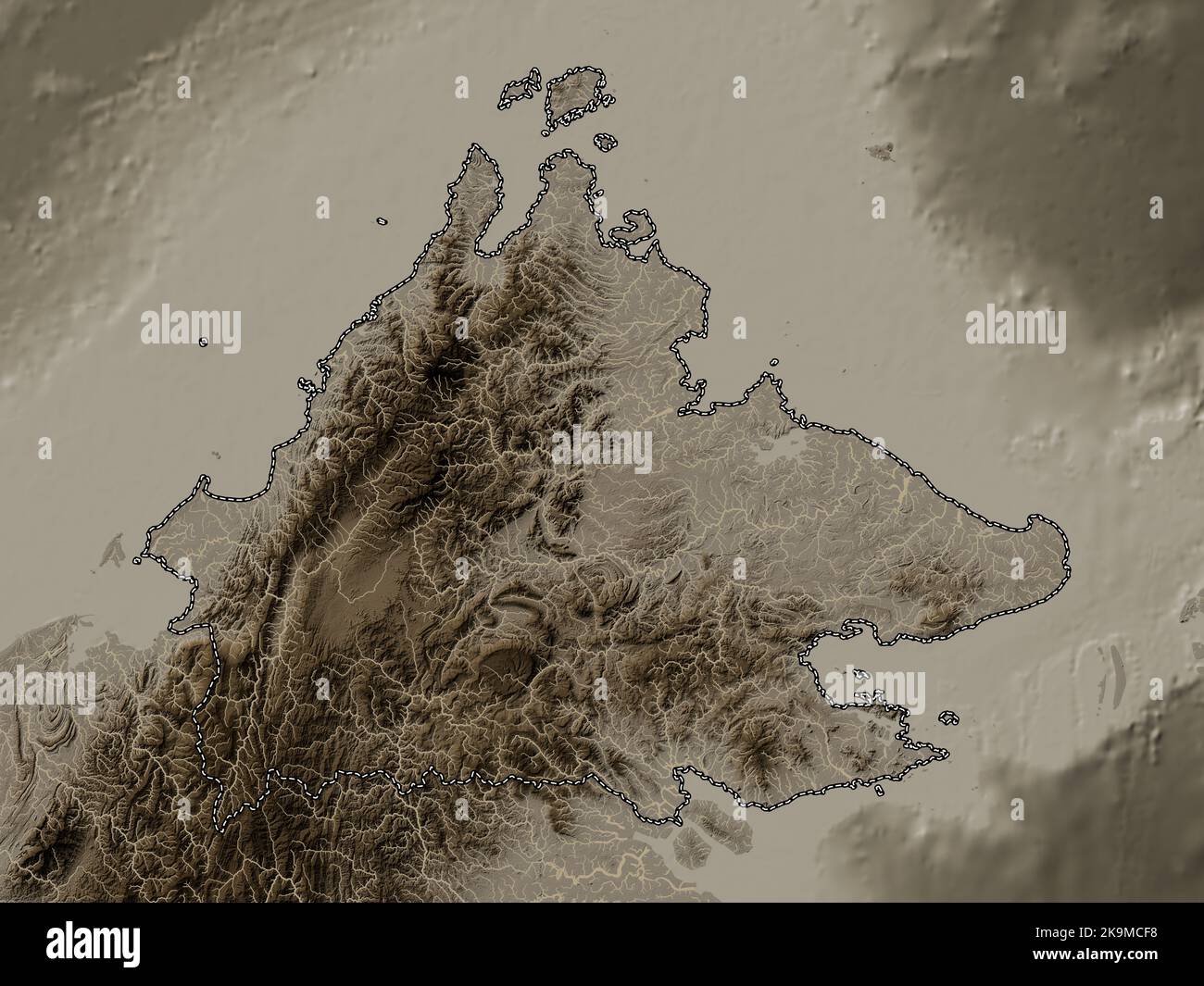 Sabah, state of Malaysia. Elevation map colored in sepia tones with ...