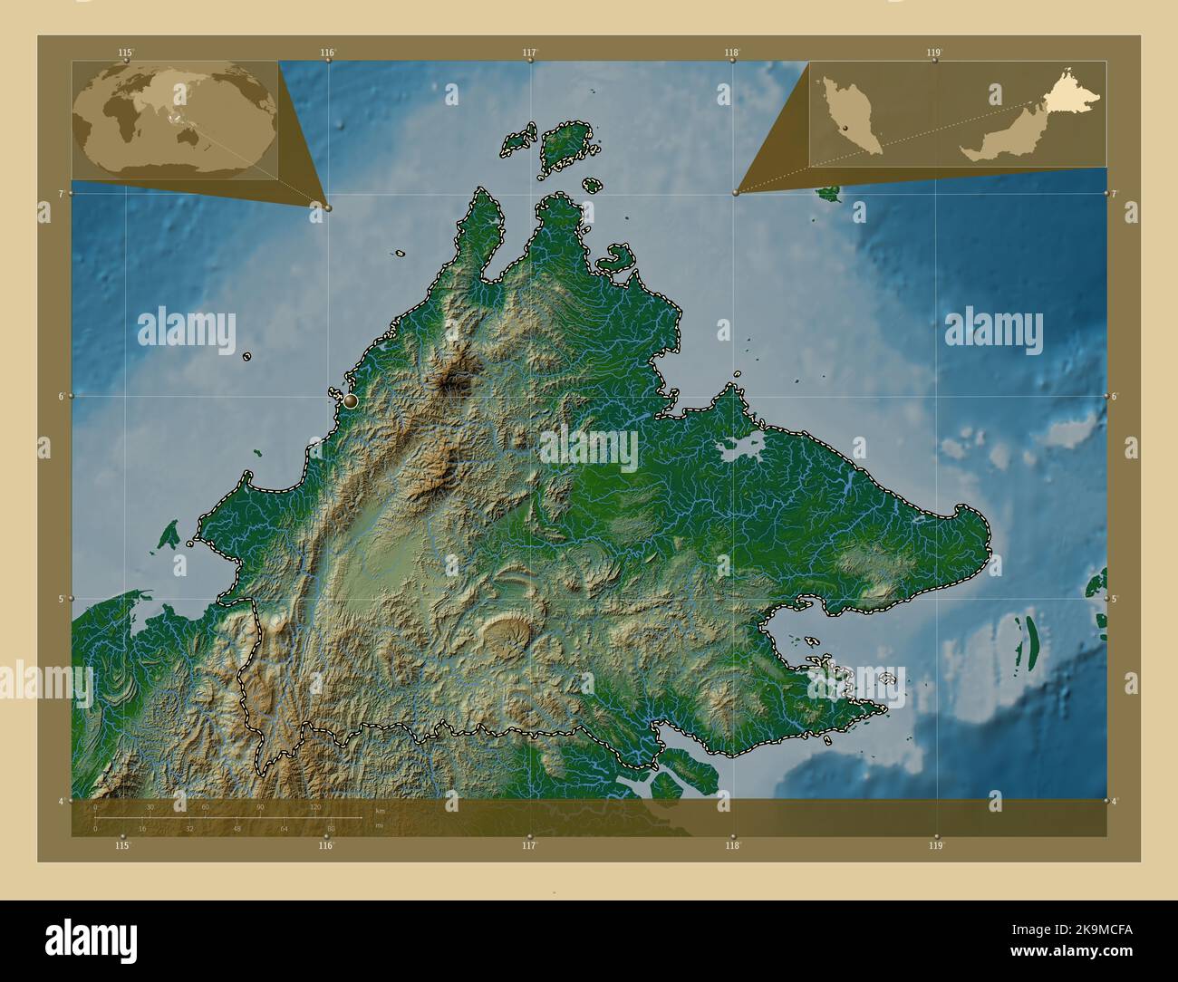 Sabah, state of Malaysia. Colored elevation map with lakes and rivers ...