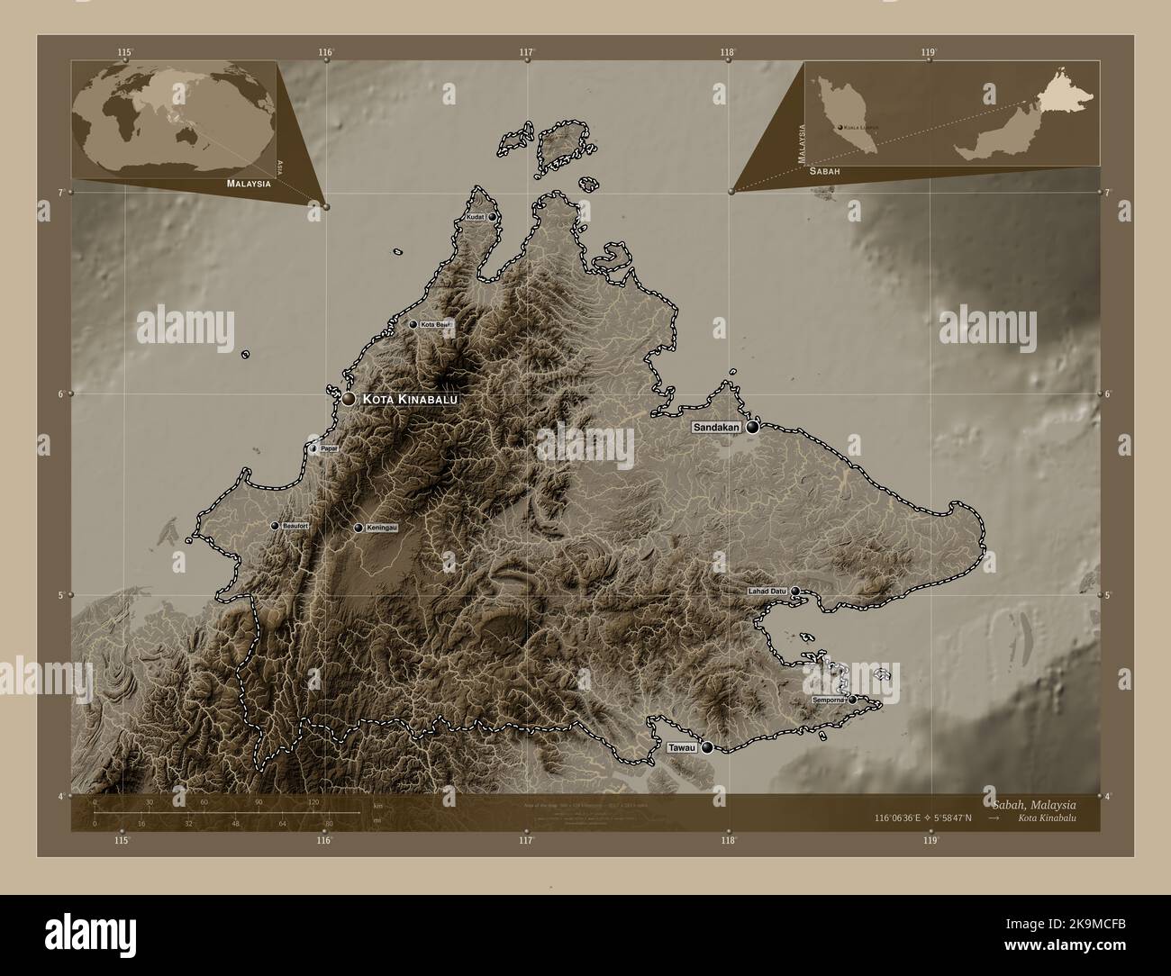Sabah, state of Malaysia. Elevation map colored in sepia tones with ...