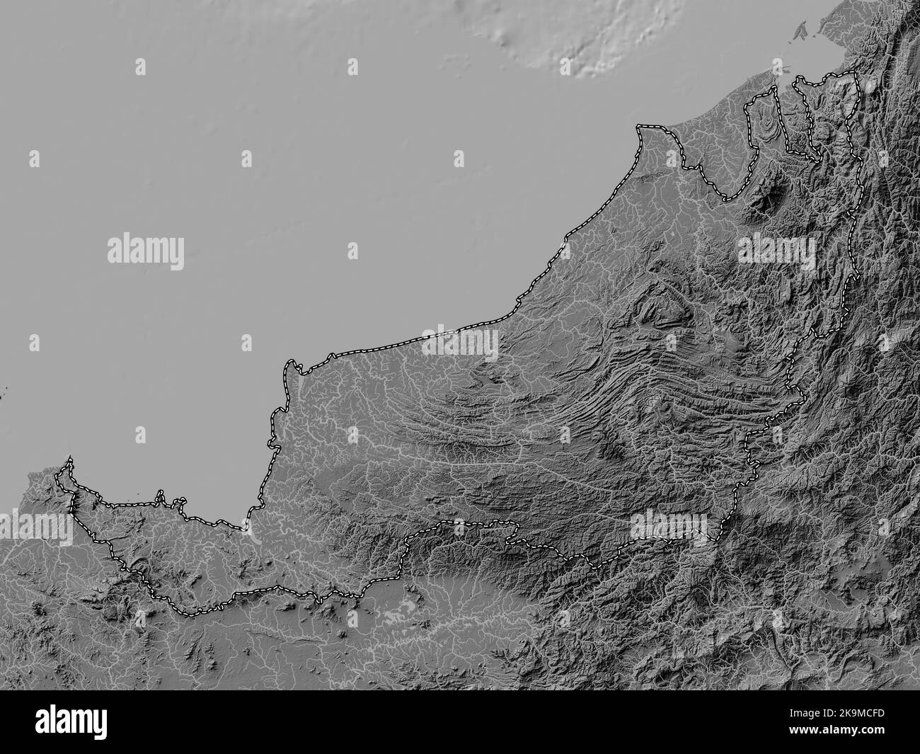 Sarawak, state of Malaysia. Bilevel elevation map with lakes and rivers ...