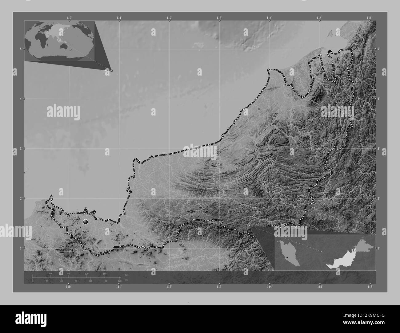 Sarawak, state of Malaysia. Grayscale elevation map with lakes and ...