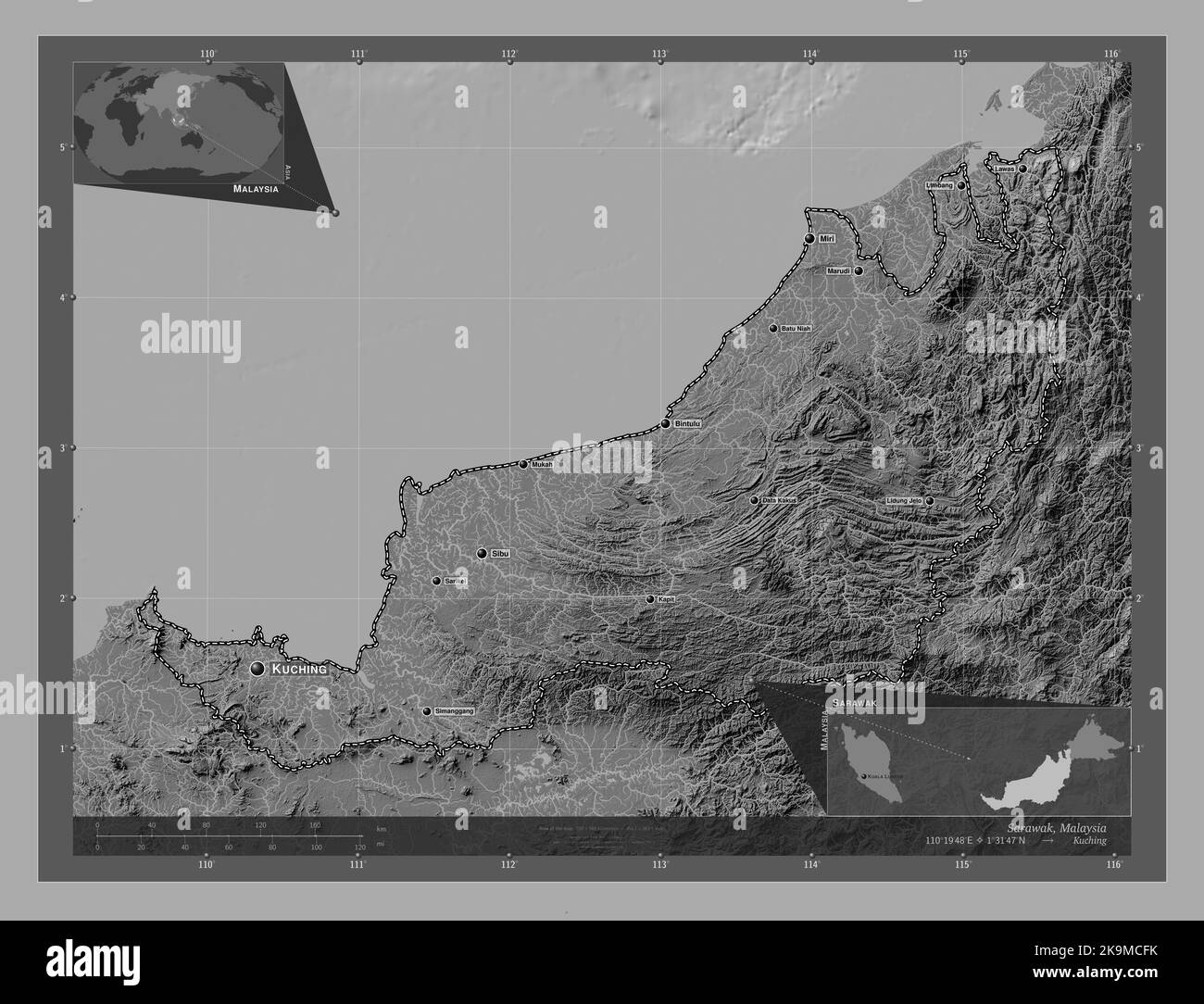 Sarawak, state of Malaysia. Bilevel elevation map with lakes and rivers ...