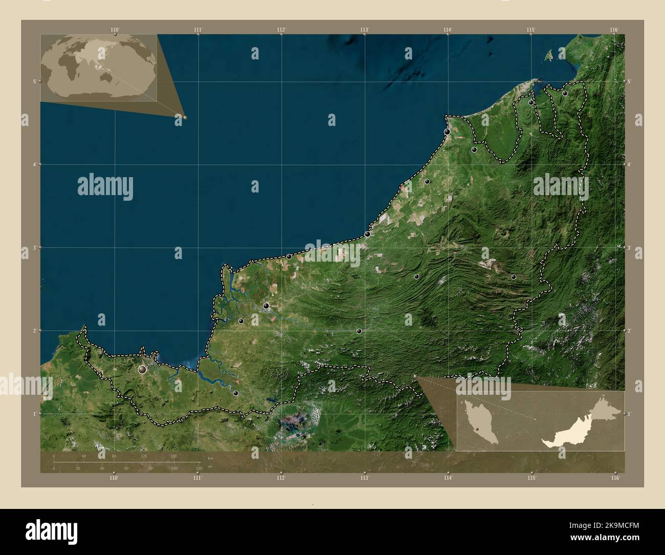 Sarawak, state of Malaysia. High resolution satellite map. Locations of ...