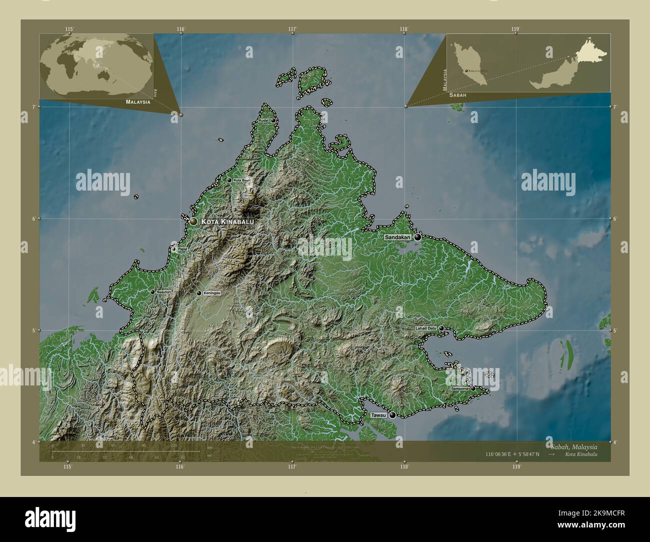 Sabah, state of Malaysia. Elevation map colored in wiki style with ...