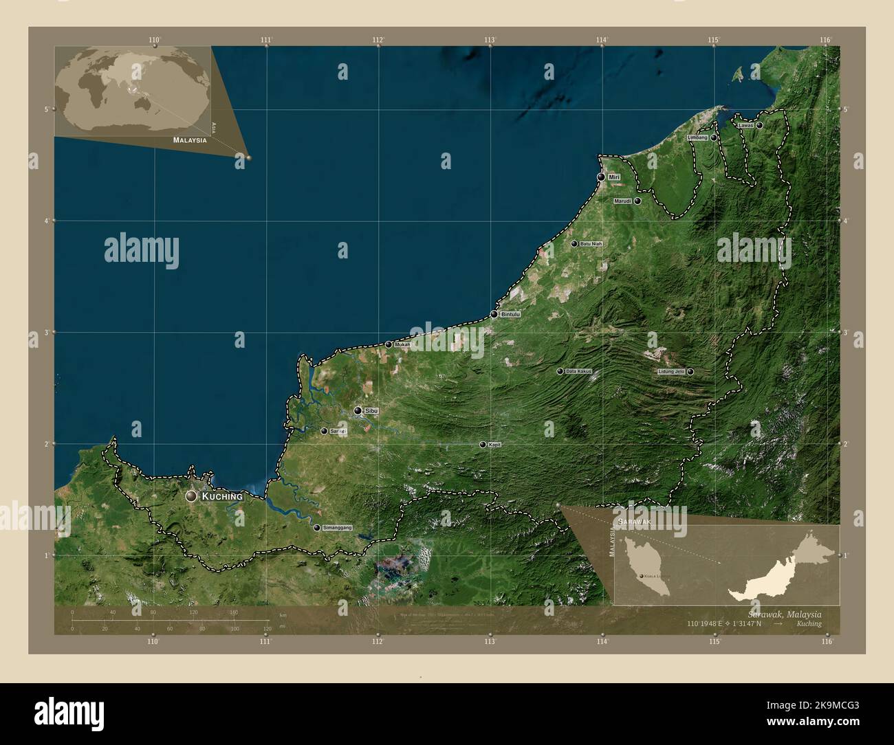Sarawak, state of Malaysia. High resolution satellite map. Locations ...