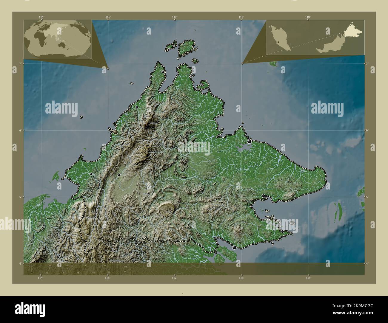 Sabah, state of Malaysia. Elevation map colored in wiki style with ...