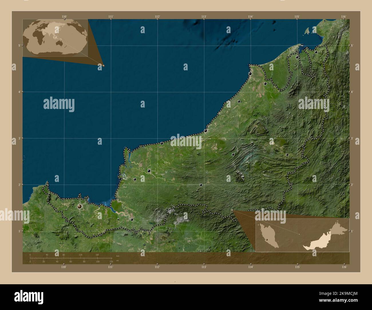 Sarawak, state of Malaysia. Low resolution satellite map. Locations of ...