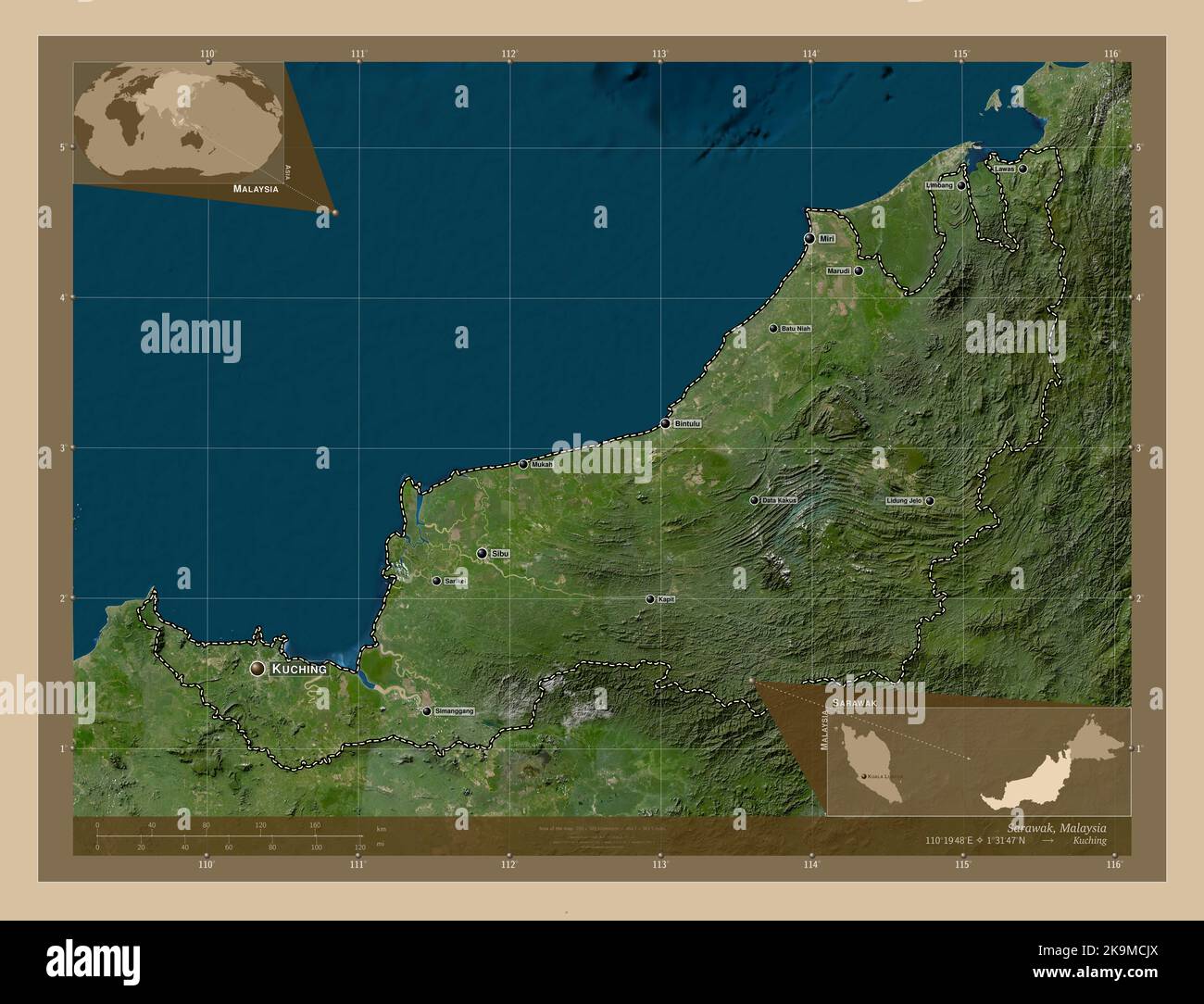 Sarawak, state of Malaysia. Low resolution satellite map. Locations and ...