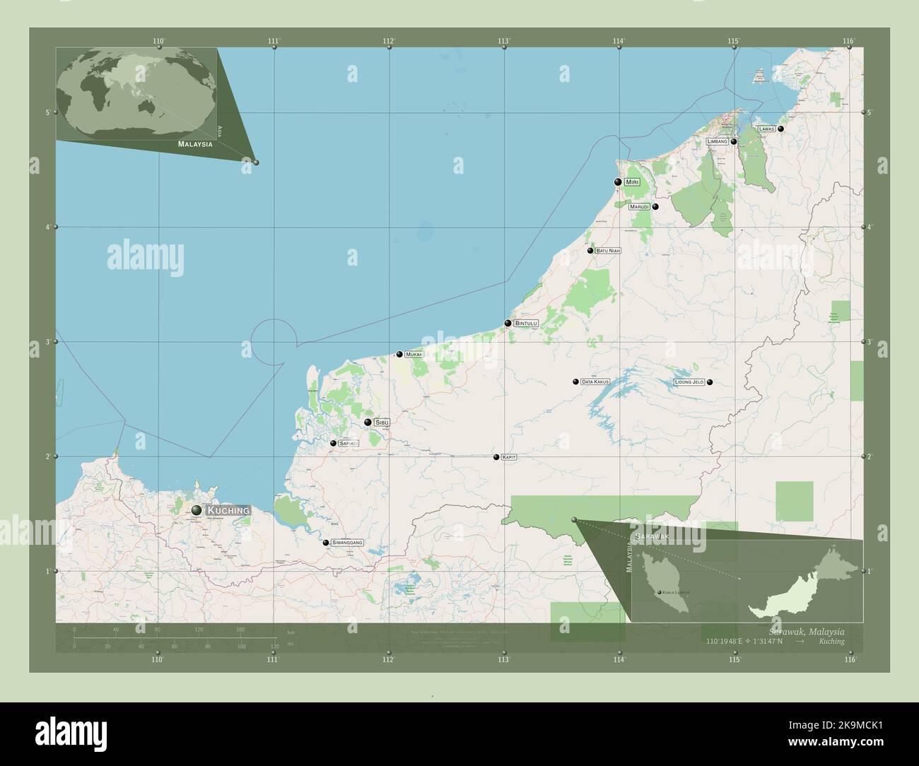 Sarawak, state of Malaysia. Open Street Map. Locations and names of ...