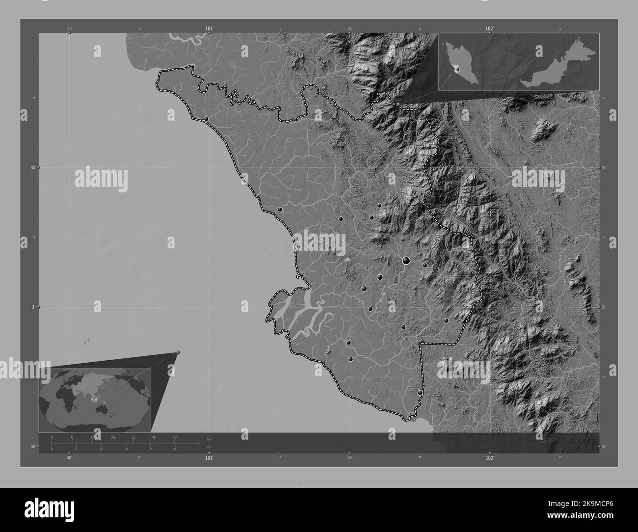 Selangor, state of Malaysia. Bilevel elevation map with lakes and ...
