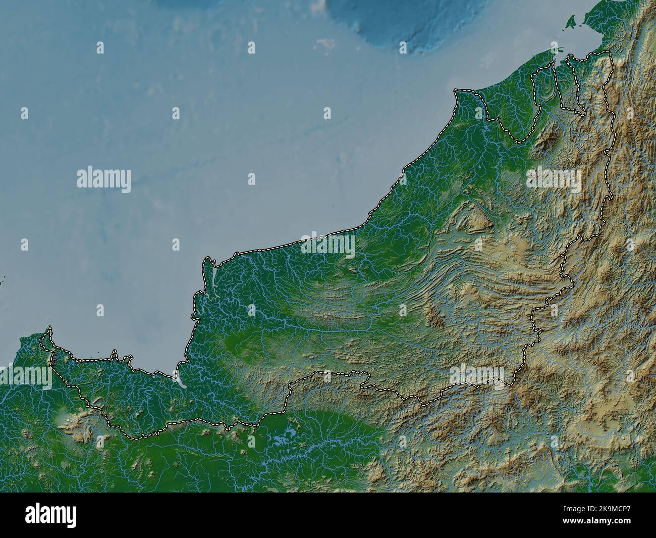 Sarawak, state of Malaysia. Colored elevation map with lakes and rivers ...