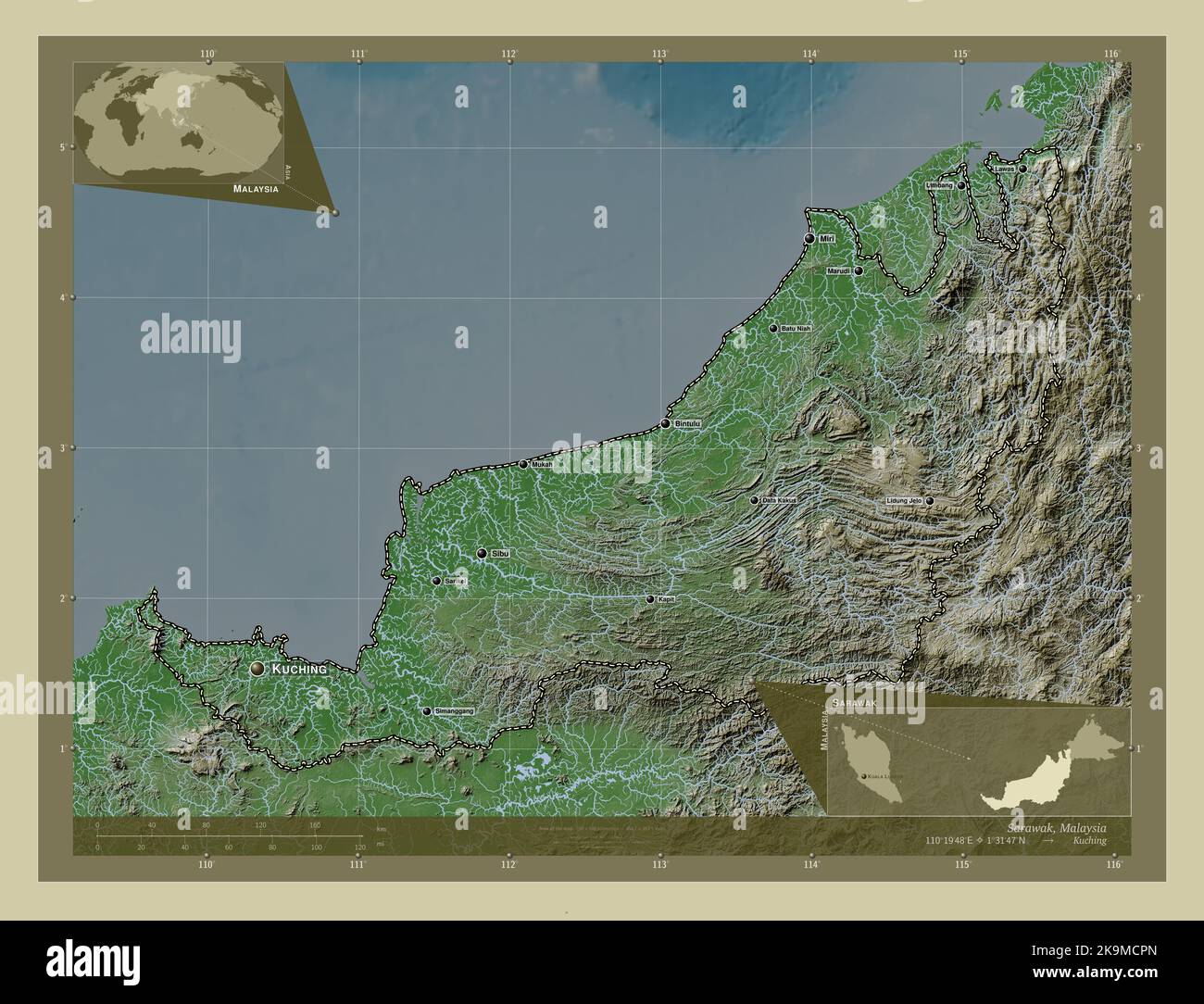 Sarawak, state of Malaysia. Elevation map colored in wiki style with lakes and rivers. Locations ...