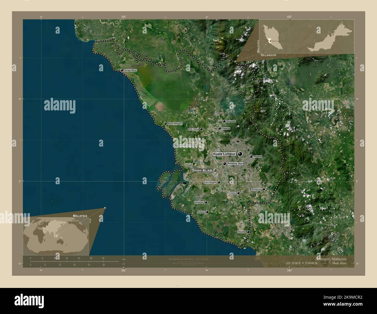 Selangor, state of Malaysia. High resolution satellite map. Locations ...