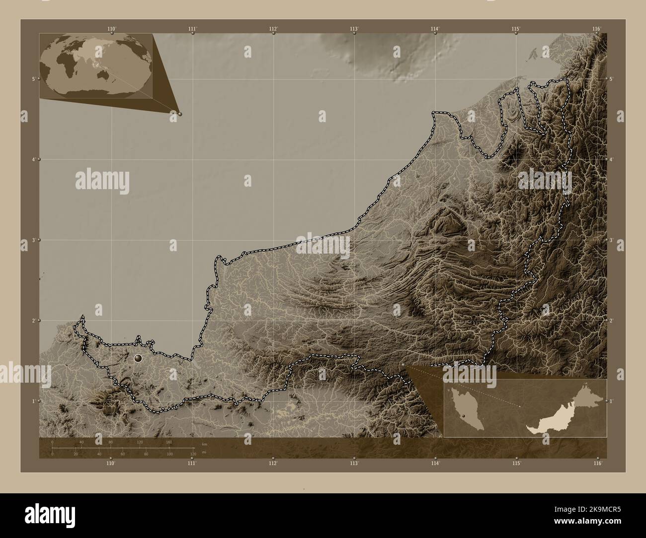 Sarawak, state of Malaysia. Elevation map colored in sepia tones with ...