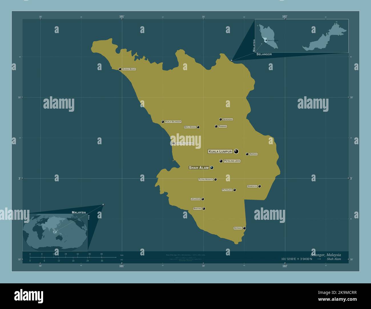 Selangor, state of Malaysia. Solid color shape. Locations and names of ...