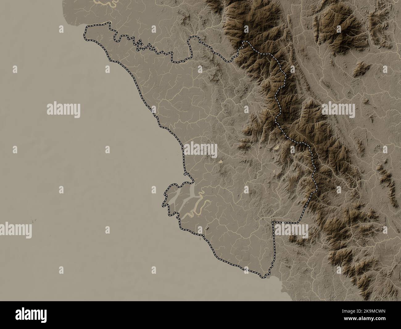 Selangor, state of Malaysia. Elevation map colored in sepia tones with ...