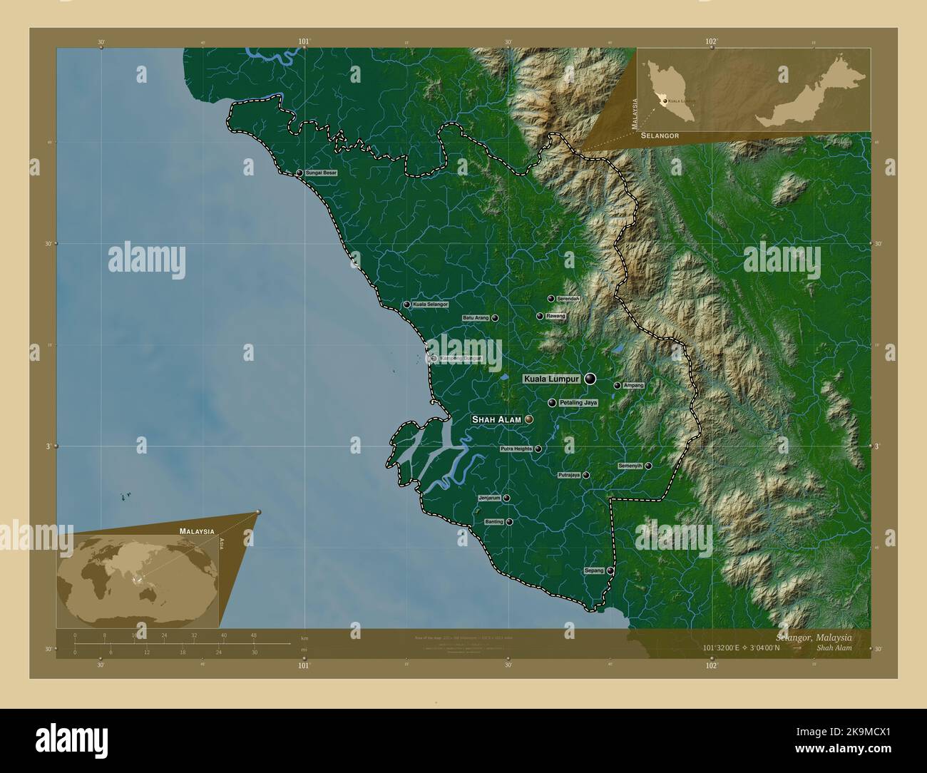 Selangor, state of Malaysia. Colored elevation map with lakes and ...