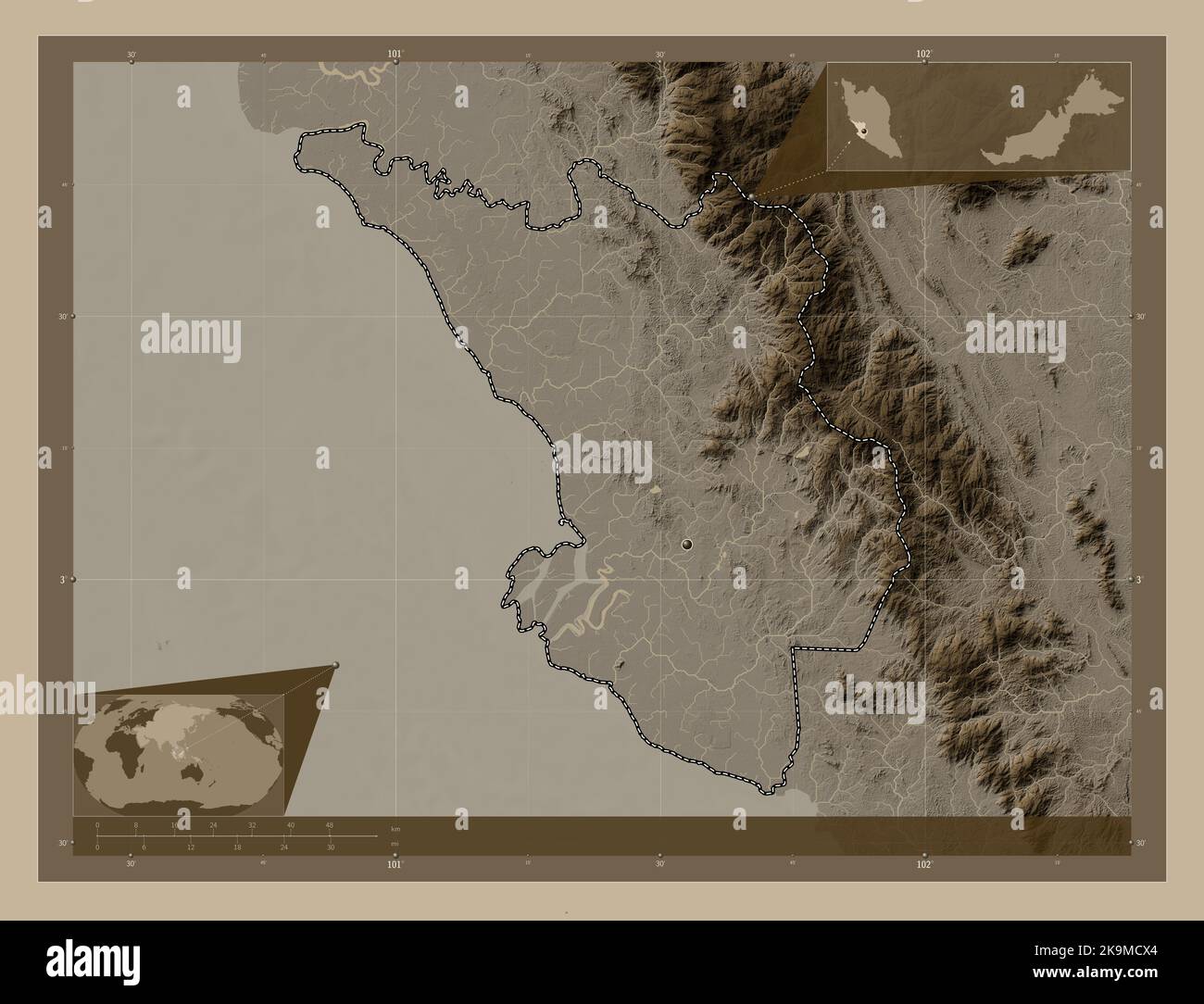 Selangor, state of Malaysia. Elevation map colored in sepia tones with ...