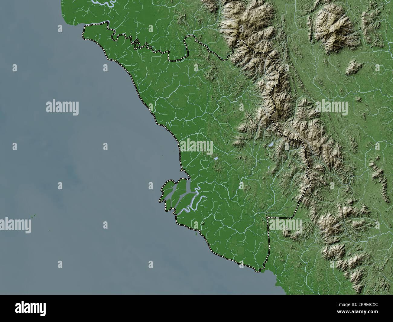 Selangor, state of Malaysia. Elevation map colored in wiki style with lakes and rivers Stock ...