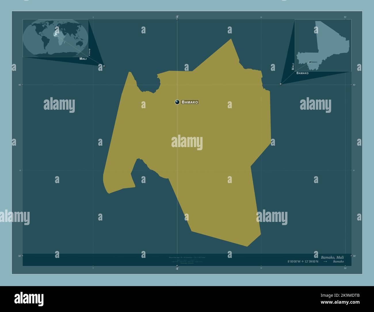 Bamako, district of Mali. Solid color shape. Locations and names of ...