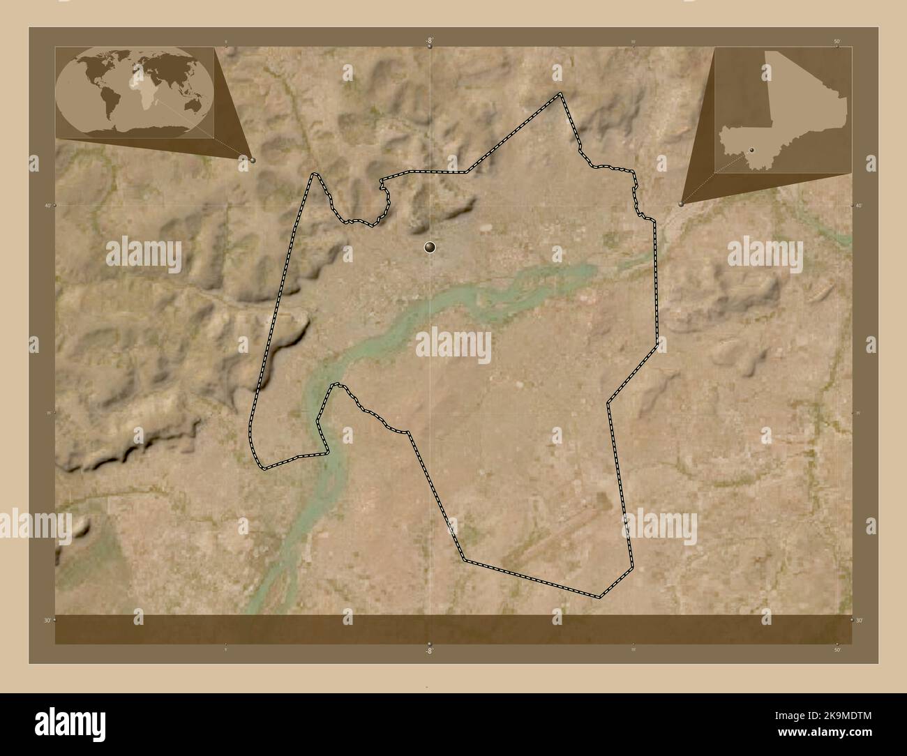 Bamako, district of Mali. Low resolution satellite map. Corner ...