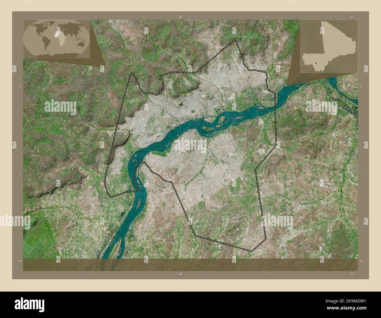 Bamako, district of Mali. High resolution satellite map. Locations of ...