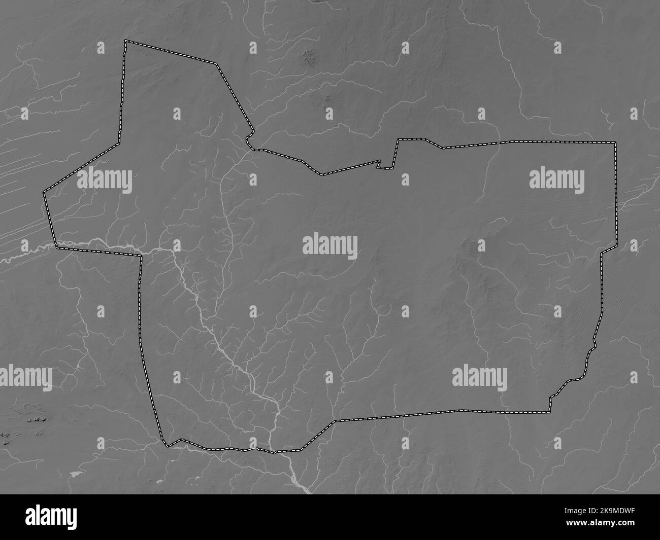 Gao, region of Mali. Grayscale elevation map with lakes and rivers ...
