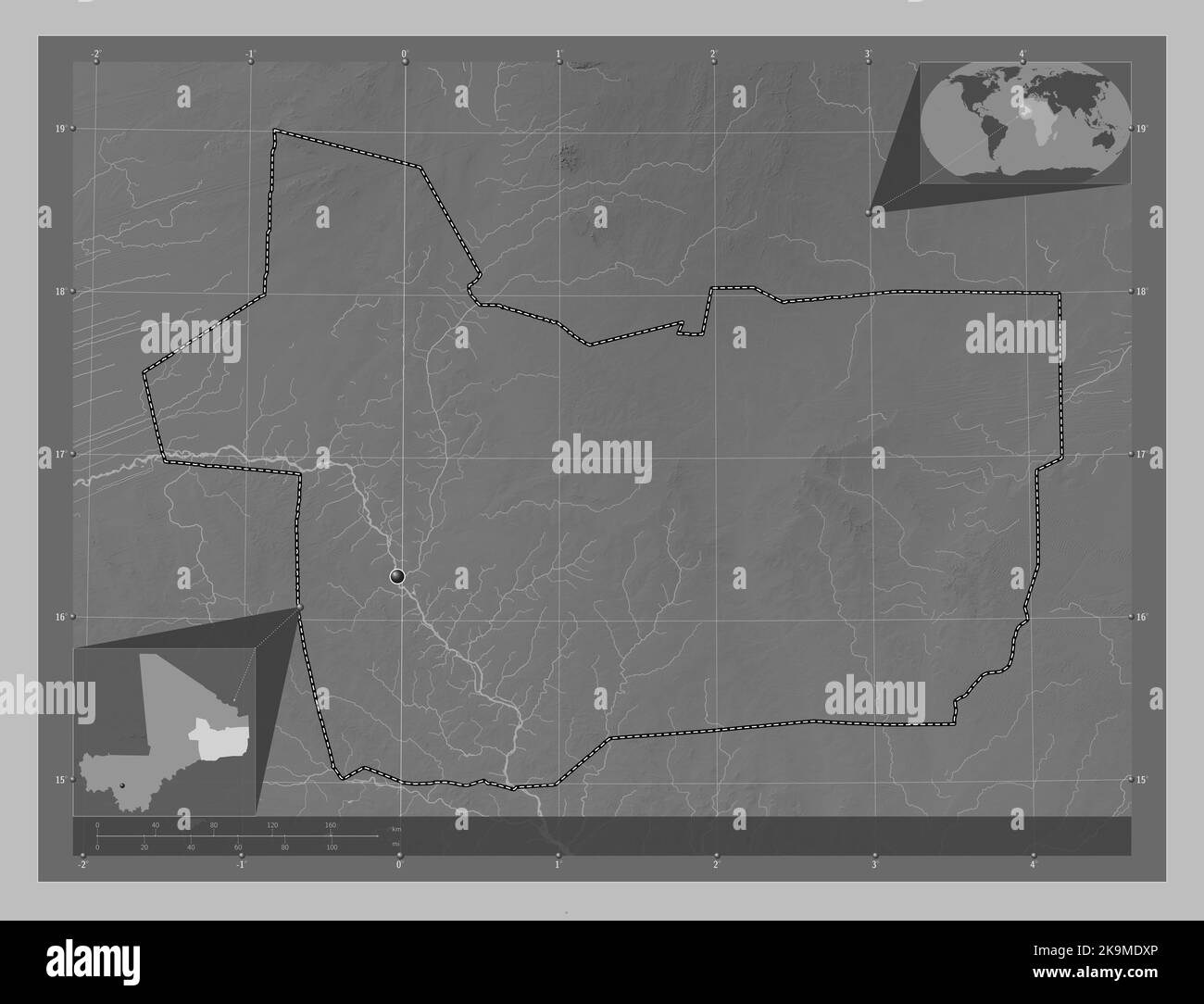Gao, region of Mali. Grayscale elevation map with lakes and rivers ...