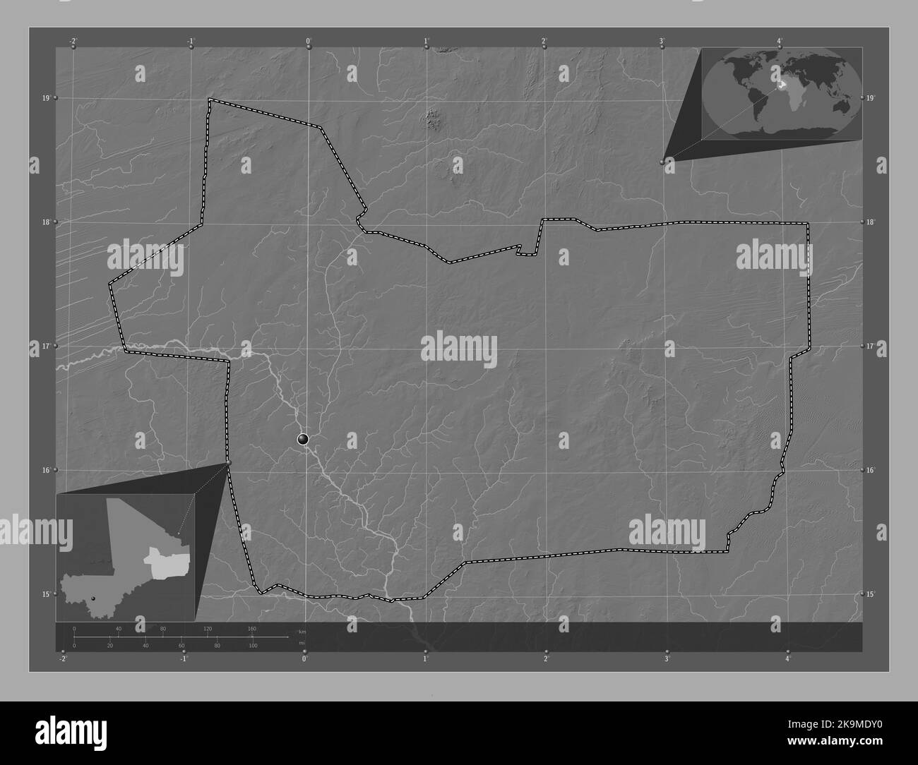 Gao, region of Mali. Bilevel elevation map with lakes and rivers ...