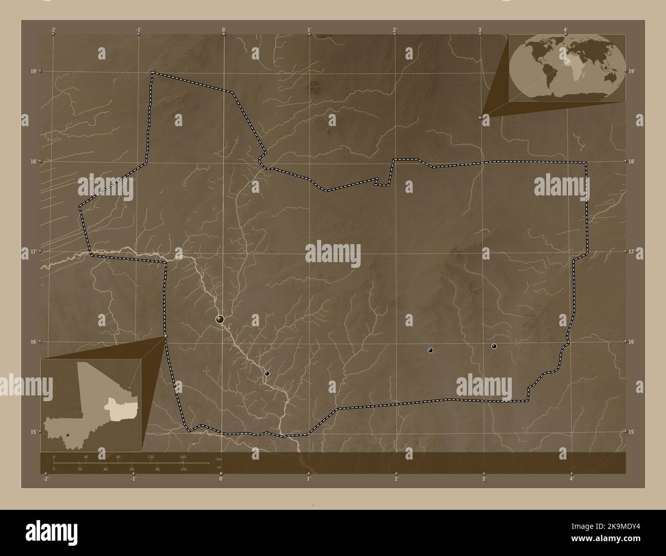 Gao, region of Mali. Elevation map colored in sepia tones with lakes ...