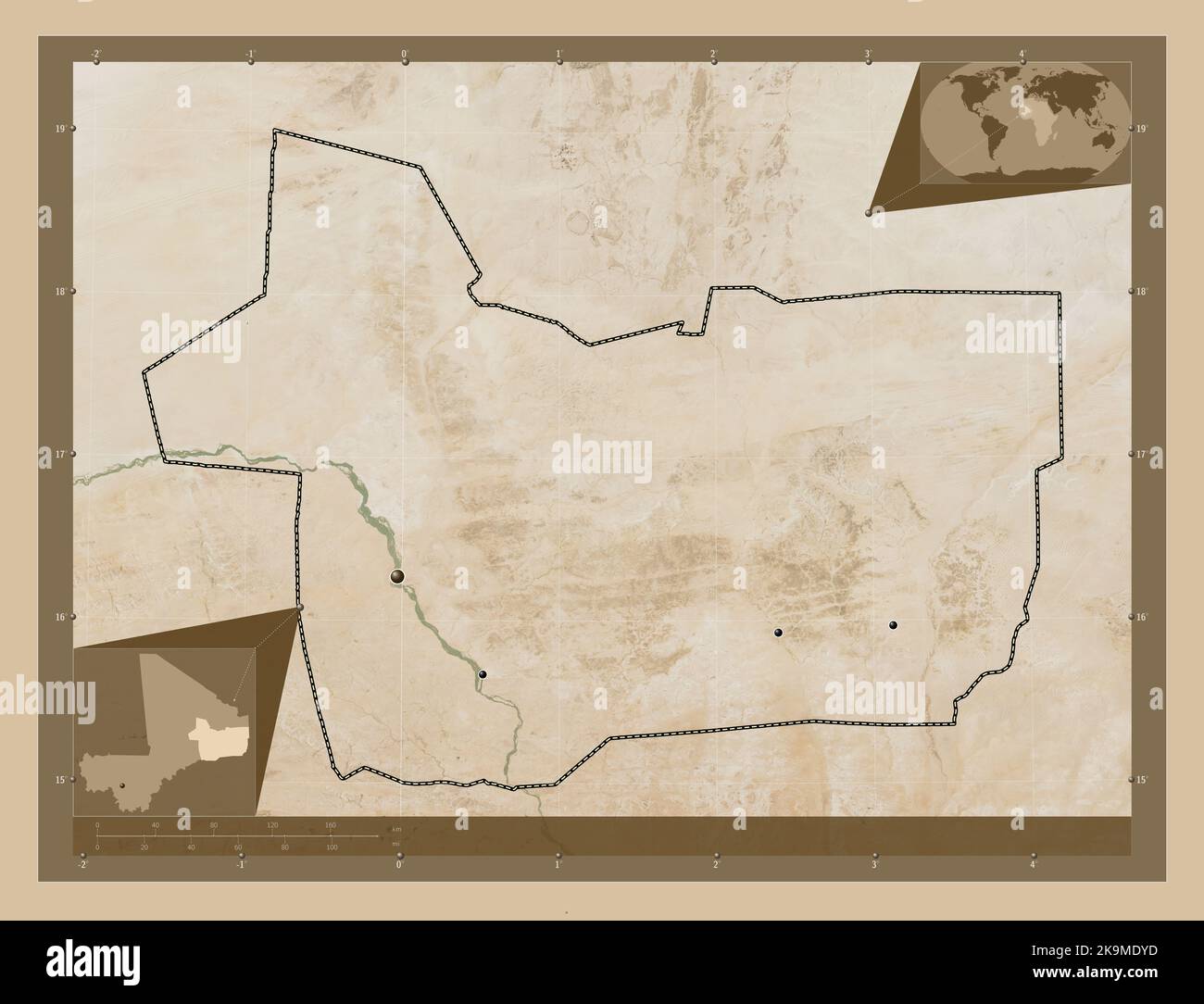Gao, region of Mali. Low resolution satellite map. Locations of major ...