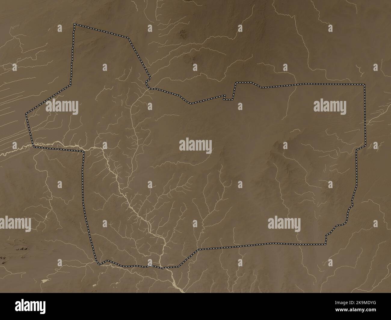 Gao, region of Mali. Elevation map colored in sepia tones with lakes ...