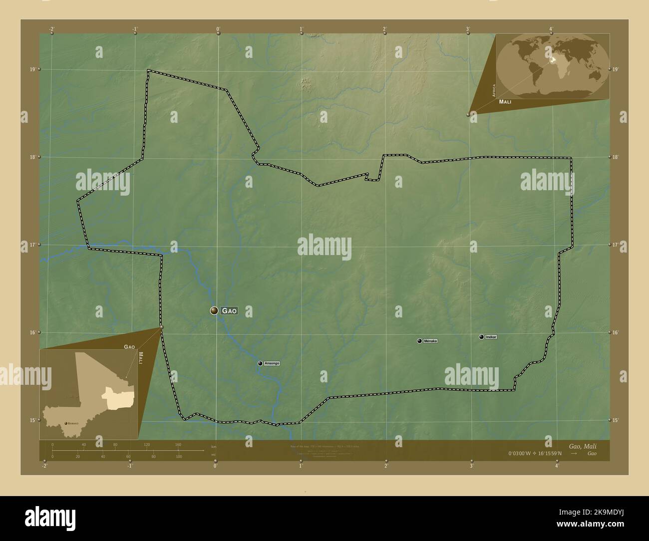 Gao, region of Mali. Colored elevation map with lakes and rivers ...