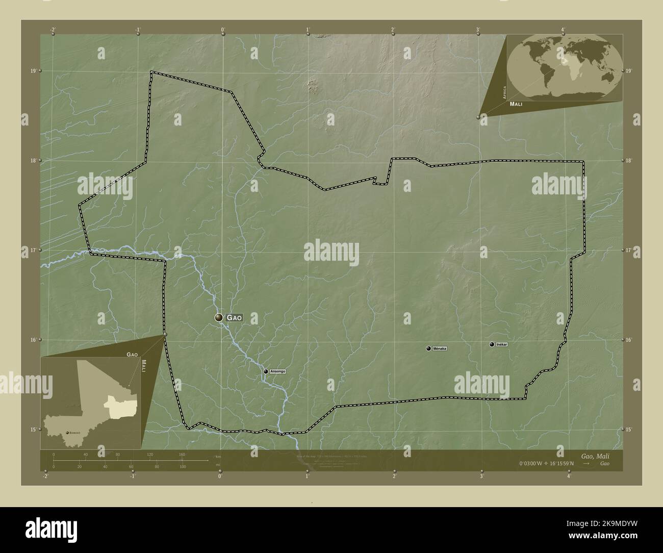 Gao, region of Mali. Elevation map colored in wiki style with lakes and ...