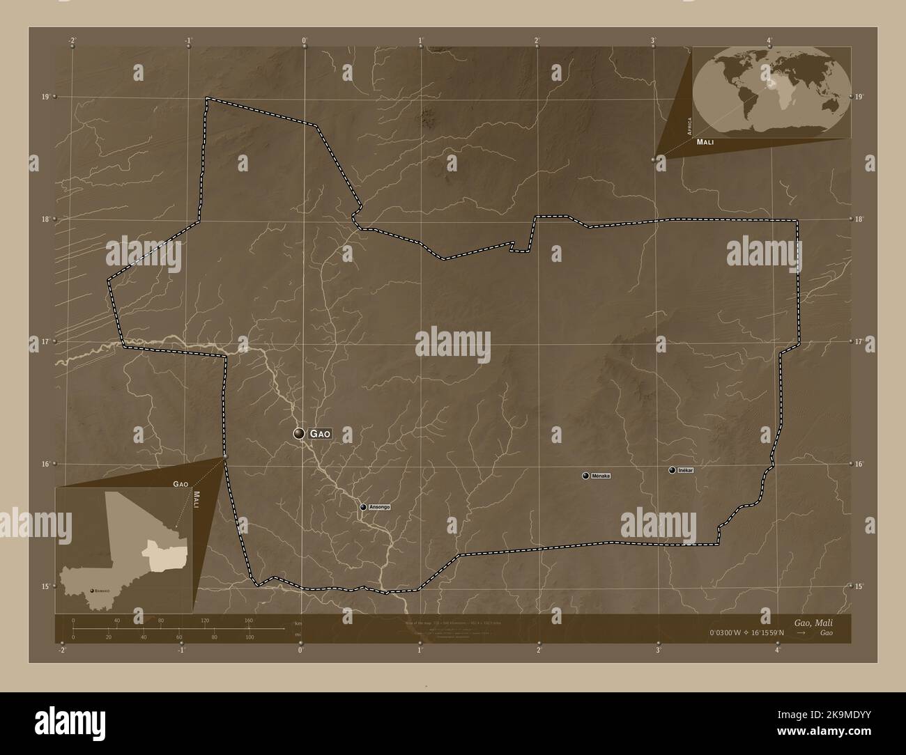 Gao, region of Mali. Elevation map colored in sepia tones with lakes ...