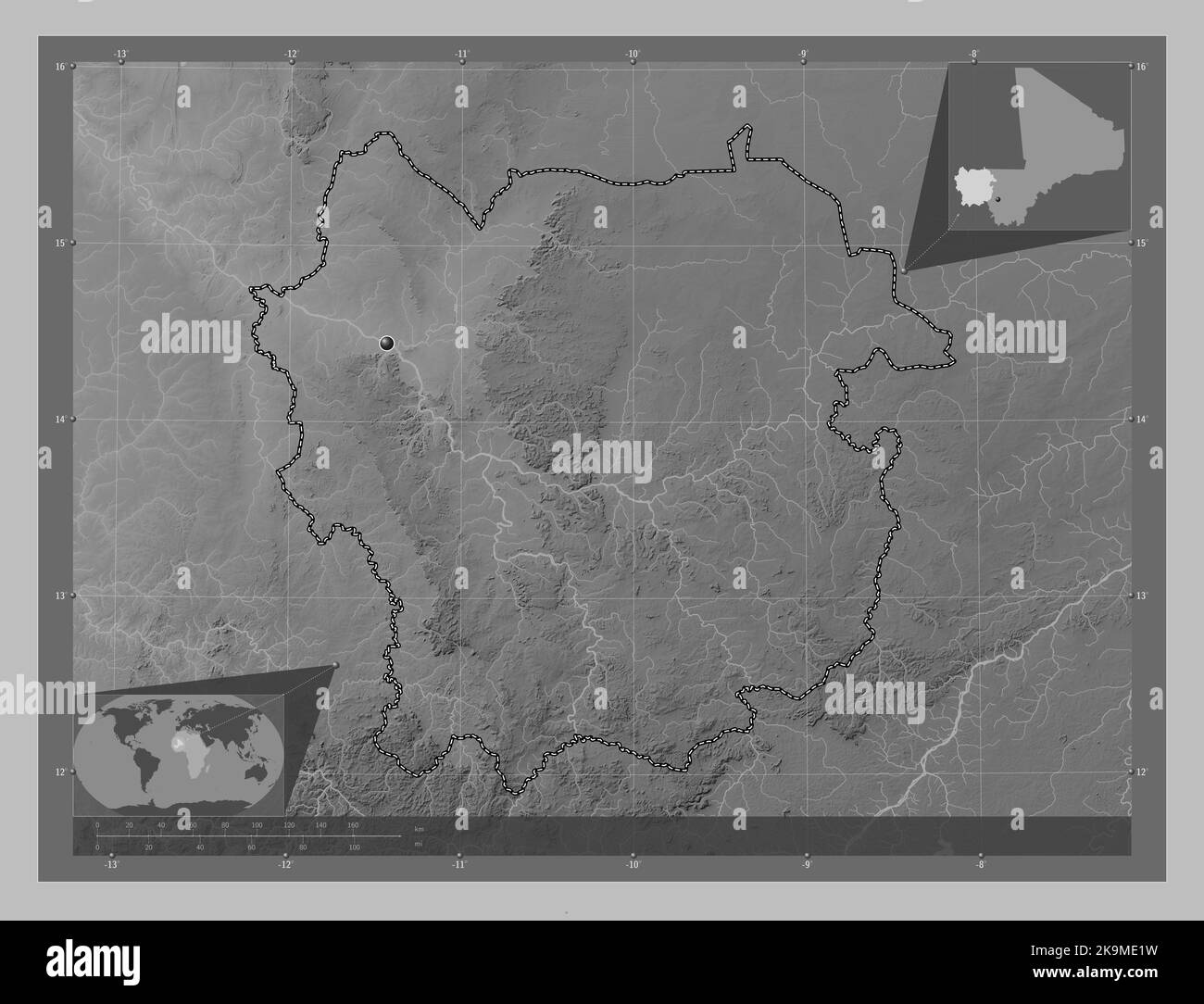 Kayes, region of Mali. Grayscale elevation map with lakes and rivers ...