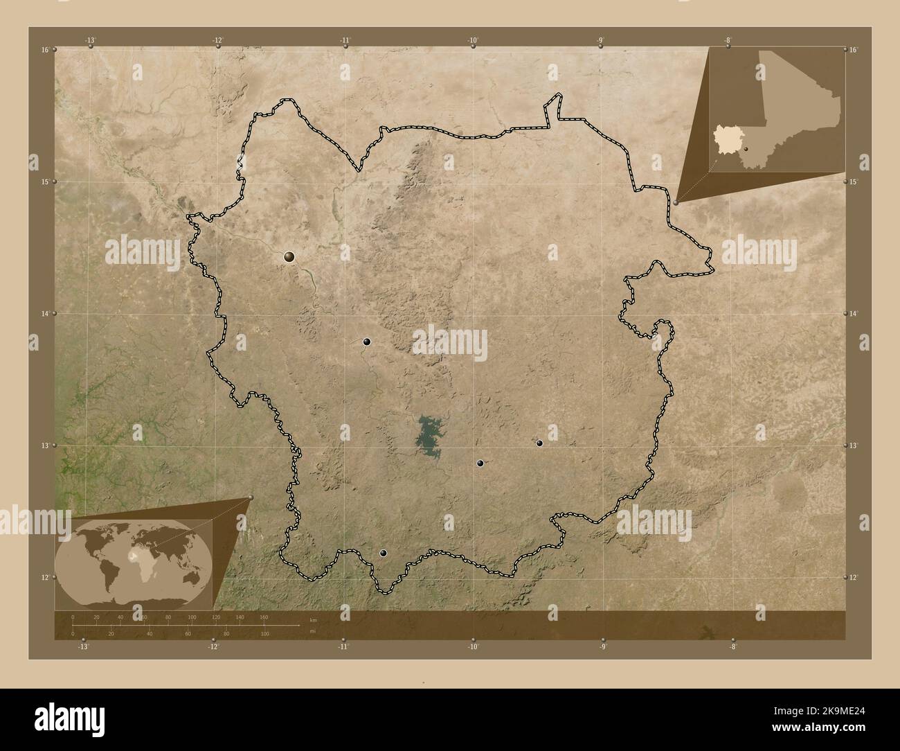 Kayes, region of Mali. Low resolution satellite map. Locations of major ...