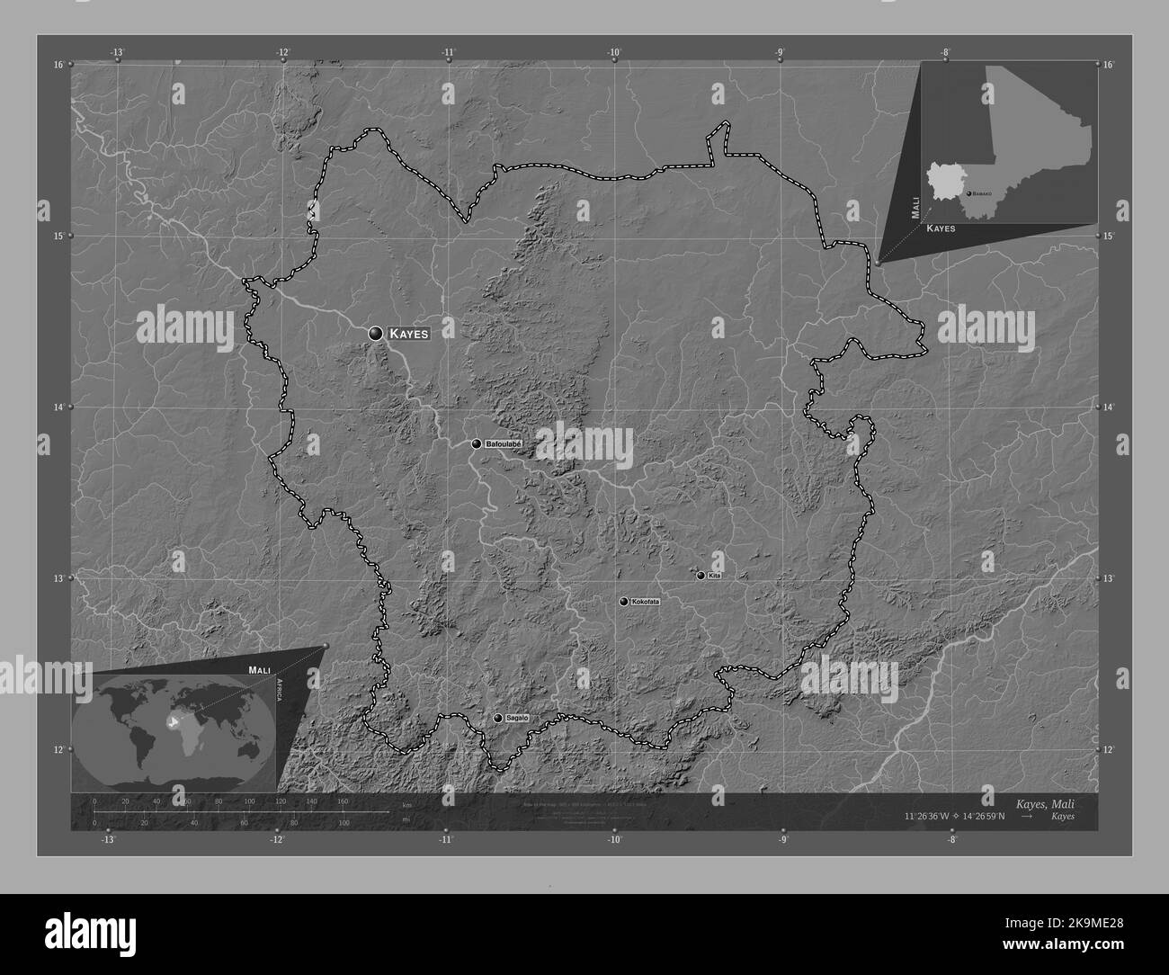 Kayes, region of Mali. Bilevel elevation map with lakes and rivers ...