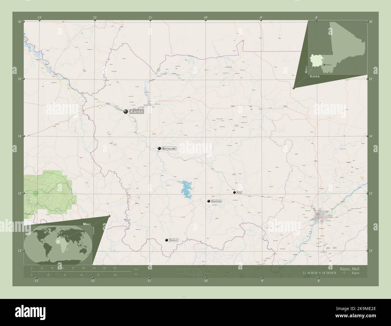 Kayes, region of Mali. Open Street Map. Locations and names of major ...