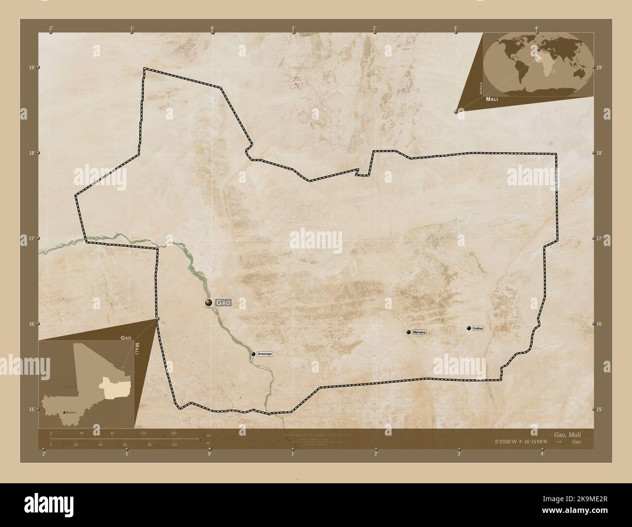 Gao, region of Mali. Low resolution satellite map. Locations and names ...